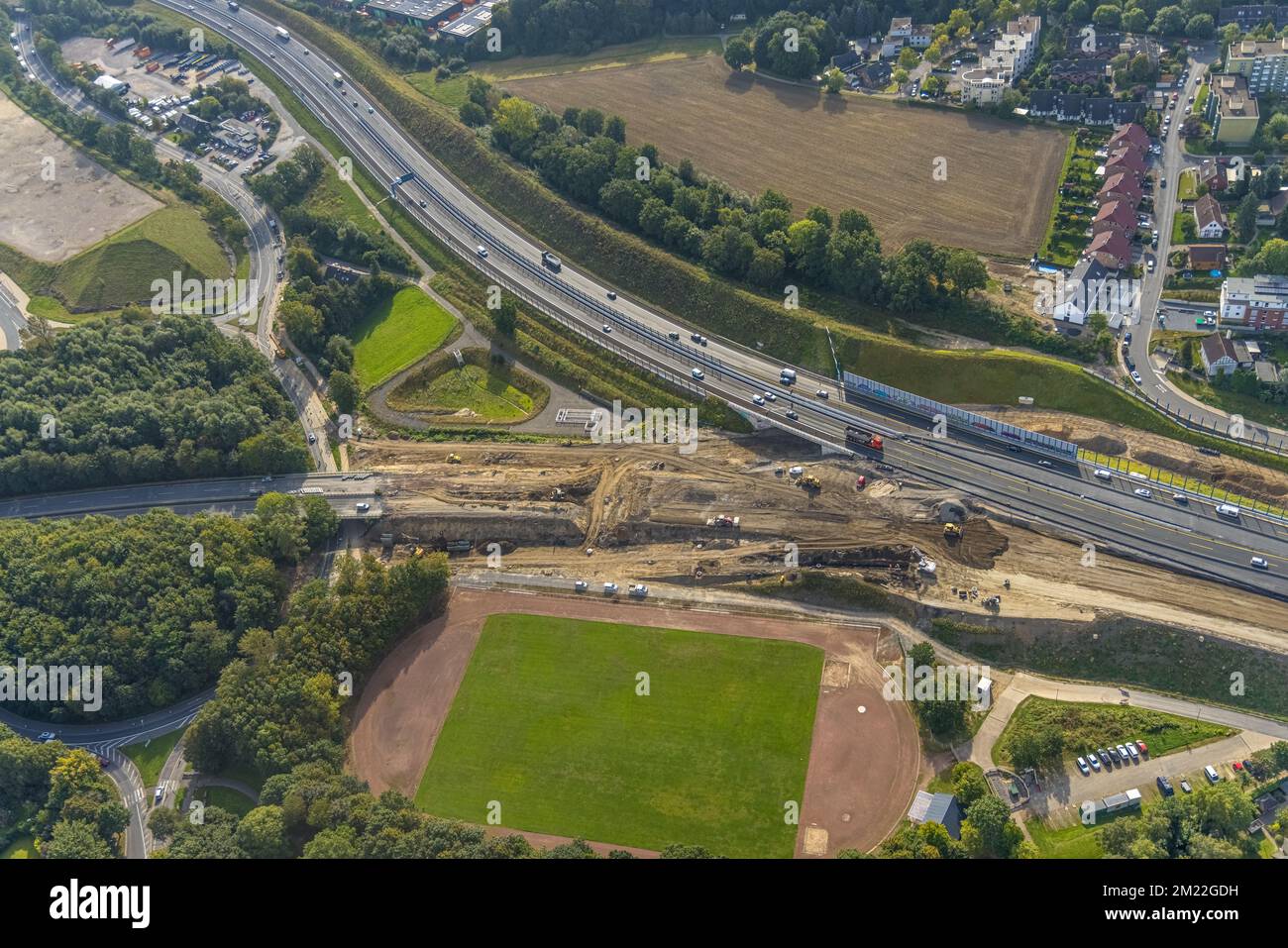 Aerial view, construction site at the freeway A448 and the extension ...