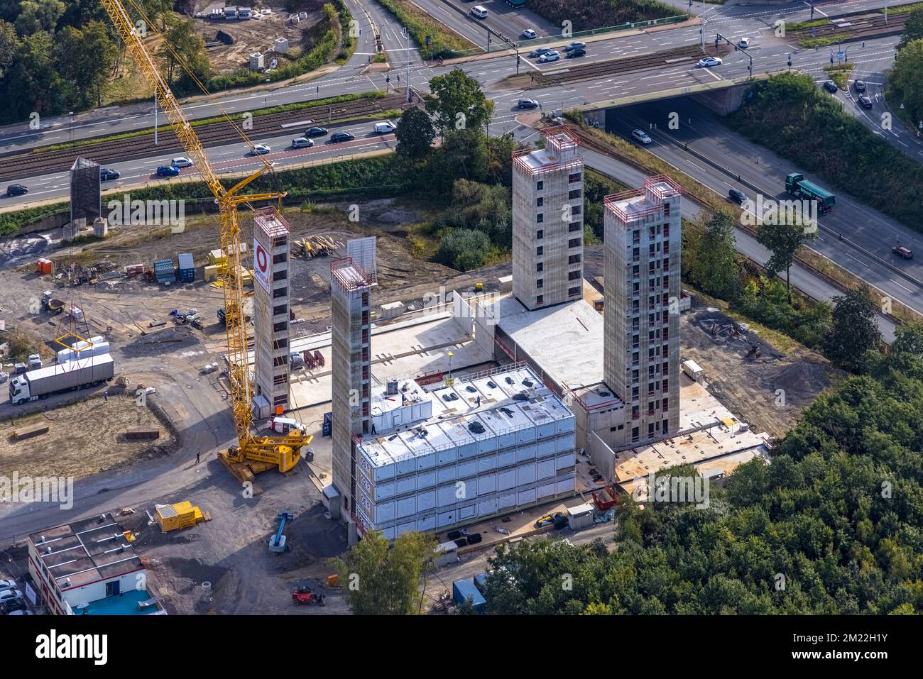 Aerial view, construction site and new construction of a building ...
