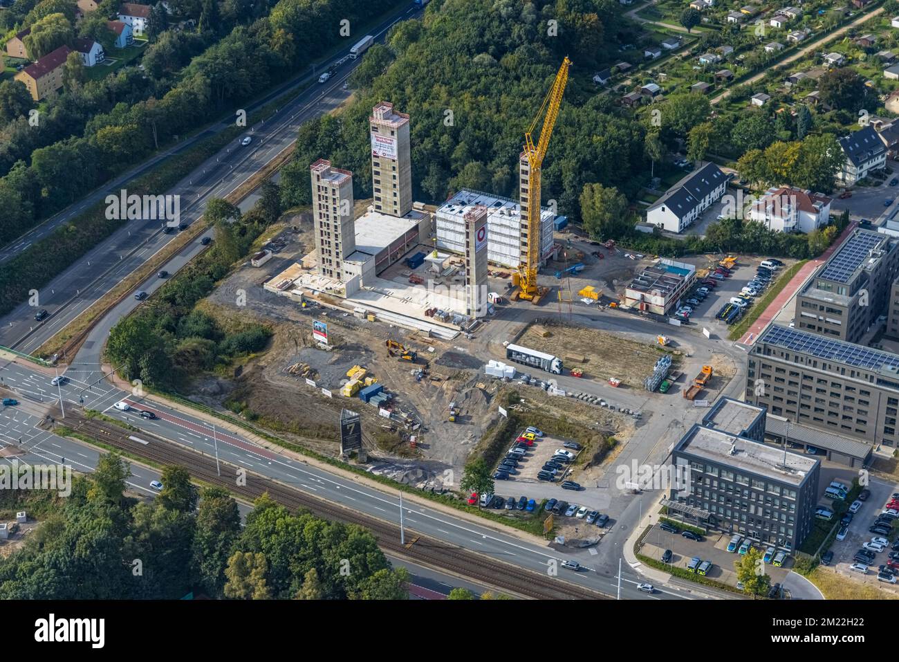 Aerial view, construction site and new construction of a building ...