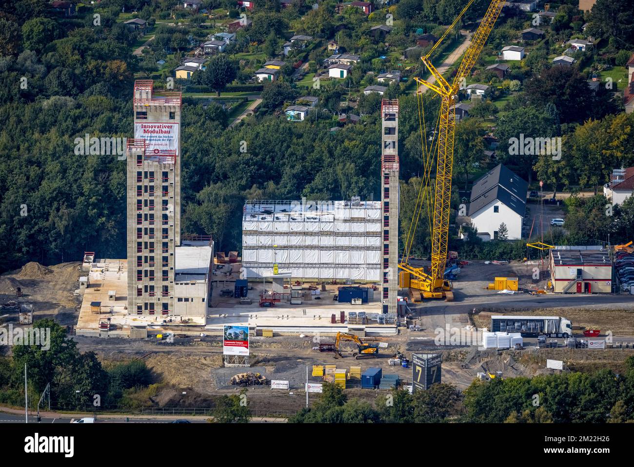 Aerial view, construction site and new construction of a building ...