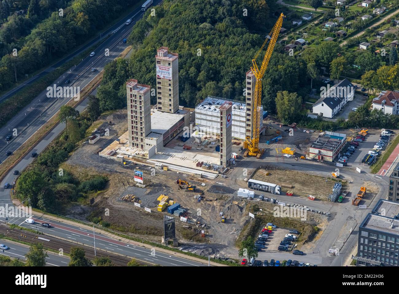Aerial view, construction site and new construction of a building ...