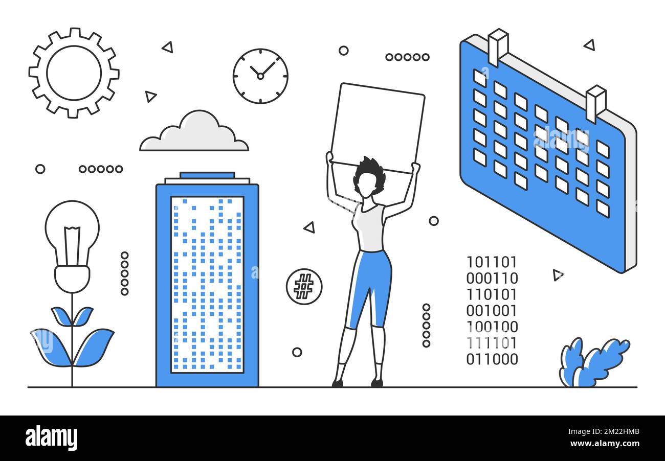 Maintenance schedule. Planned fixing bugs process, time organizer vector monocolor illustration ...