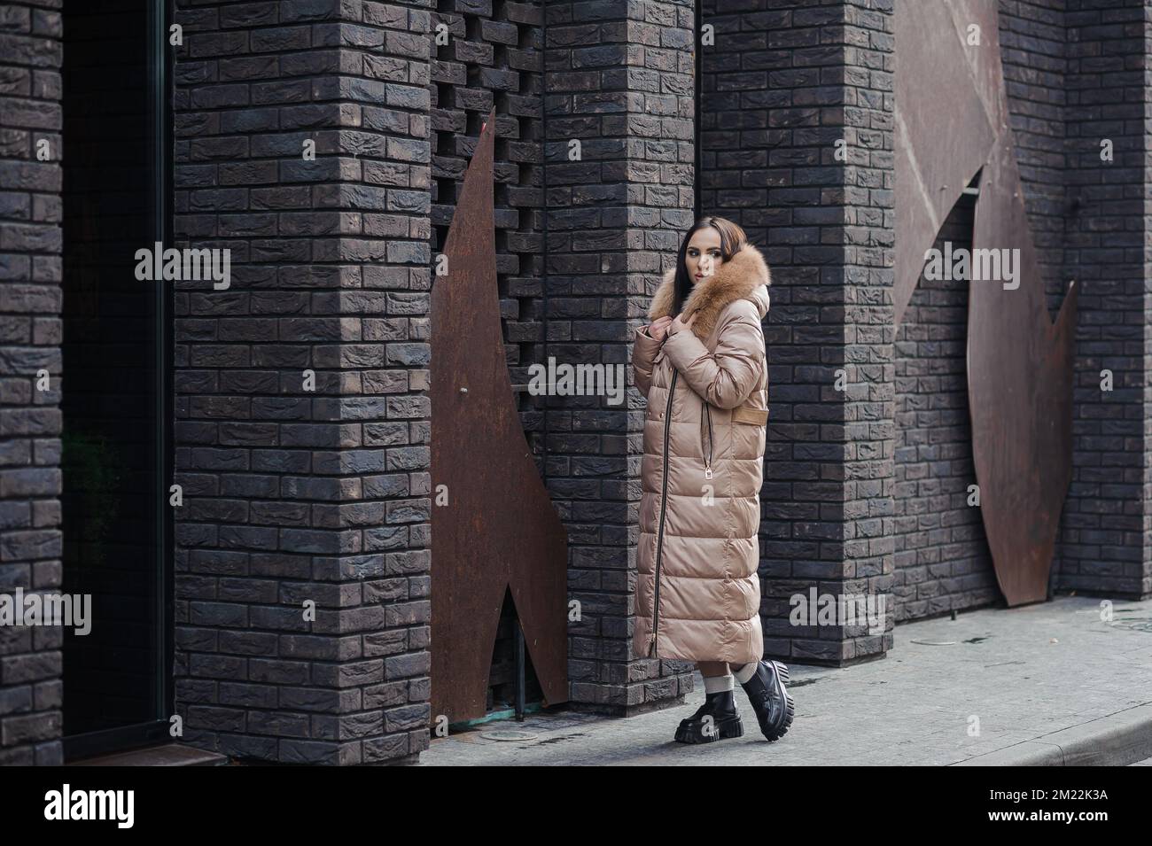 Beautiful young pregnant woman in a brown coat, in the background a ...