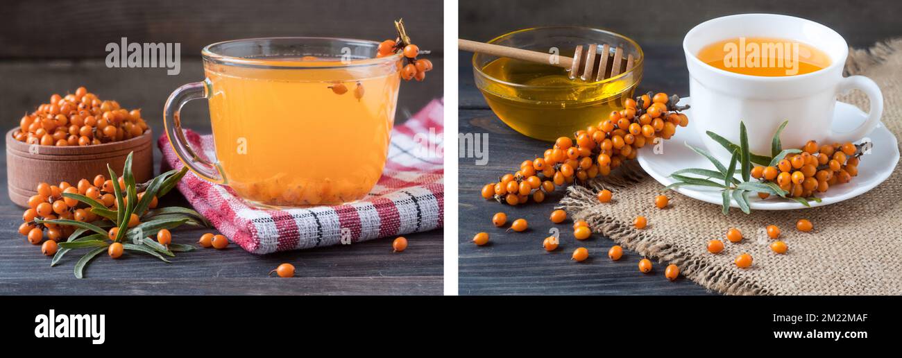 Tea of sea-buckthorn berries with branch on dark wooden background ...