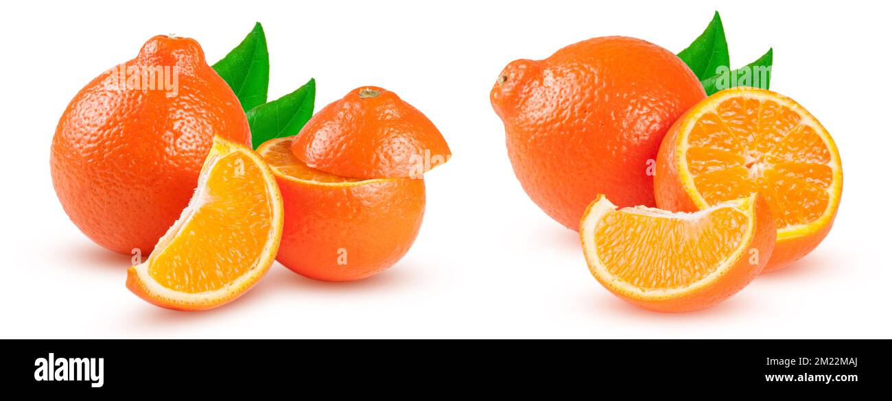 two orange tangerine or Mineola with slices and leaf isolated on white ...