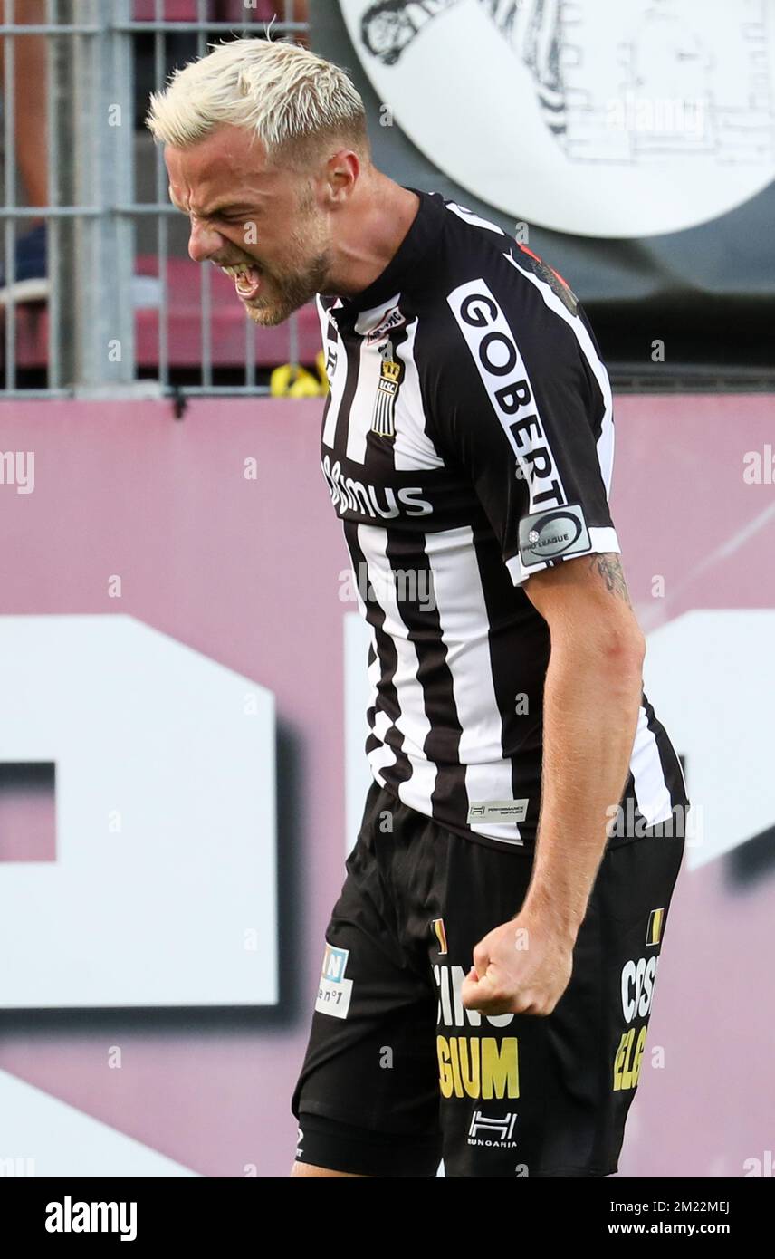 Charleroi's David Pollet celebrates after scoring during the Jupiler ...