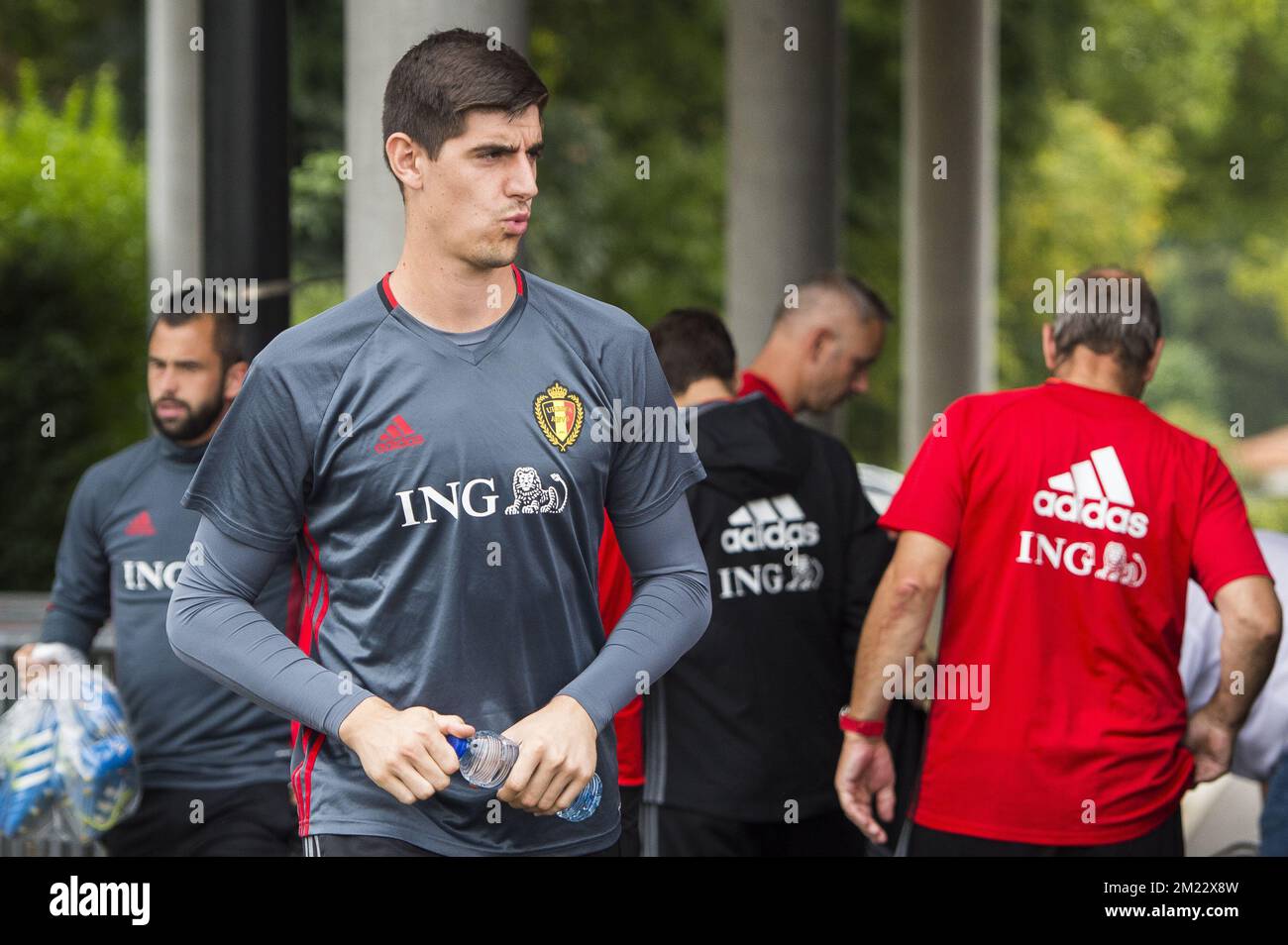 Belgium's goalkeeper Thibaut Courtois arrive for a training of the ...