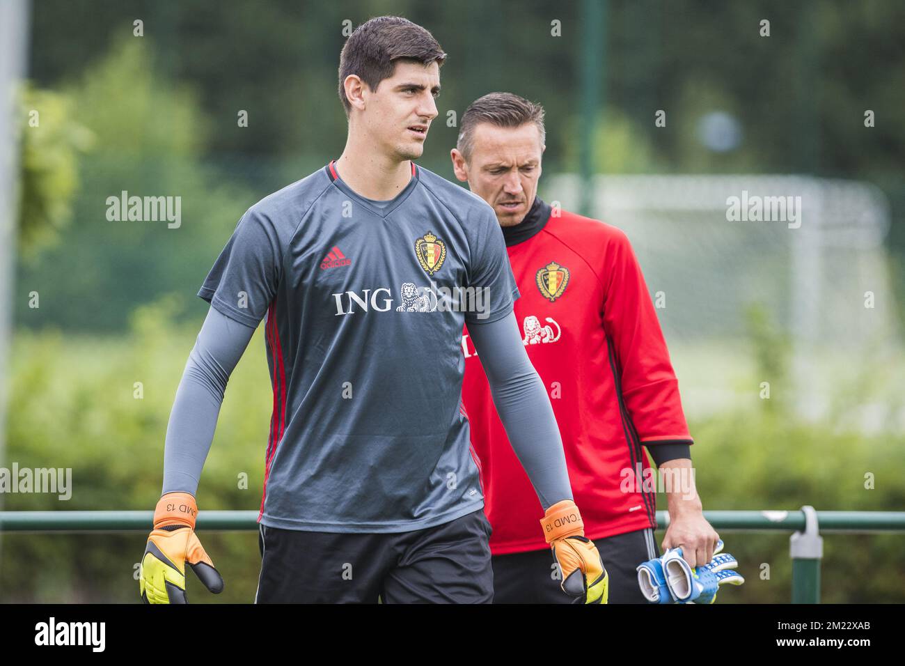 Belgium's goalkeeper Thibaut Courtois pictured during a training of the Belgian national soccer ...
