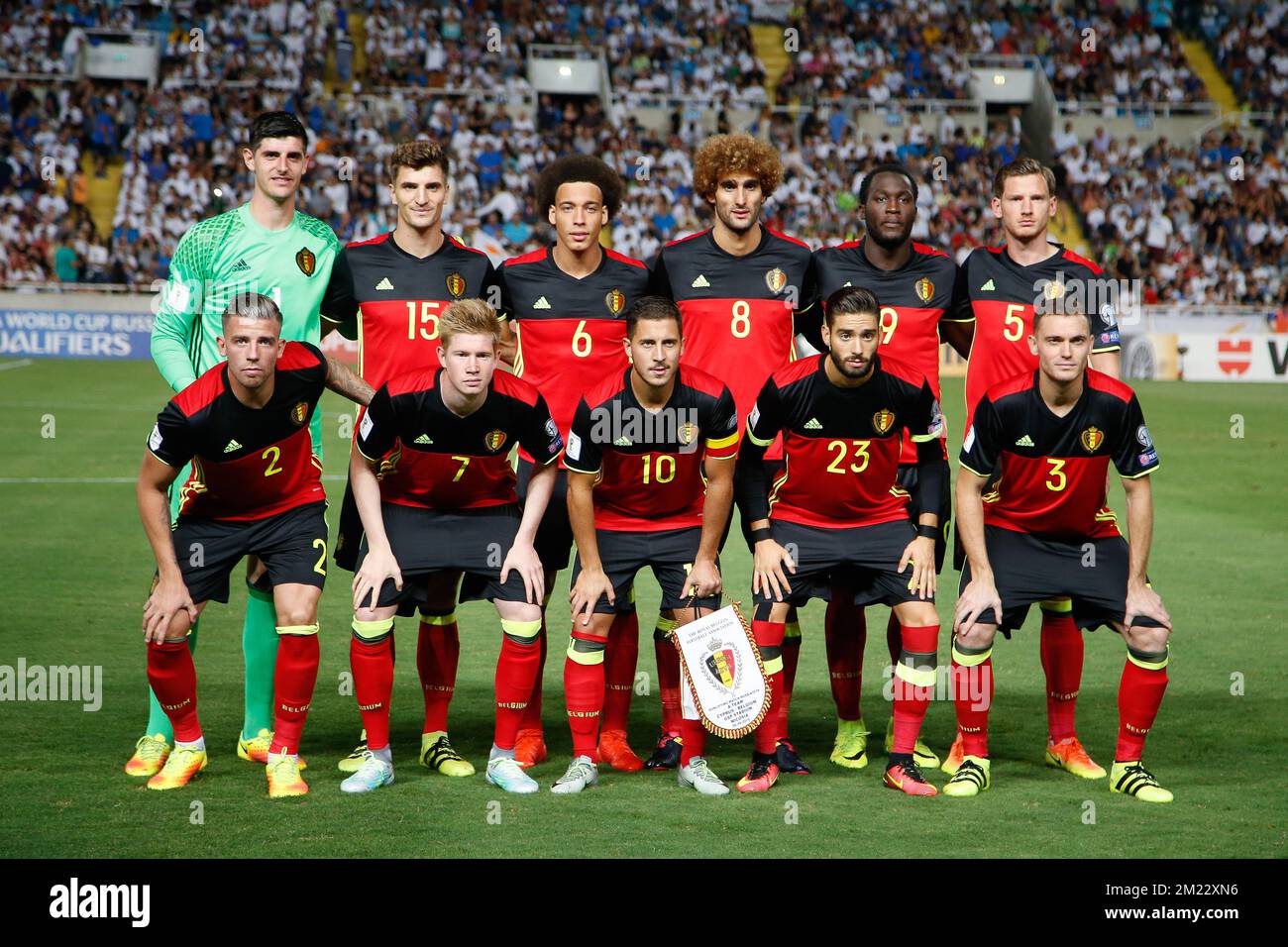 L-R, up, Belgium's goalkeeper Thibaut Courtois, Belgium's Thomas ...