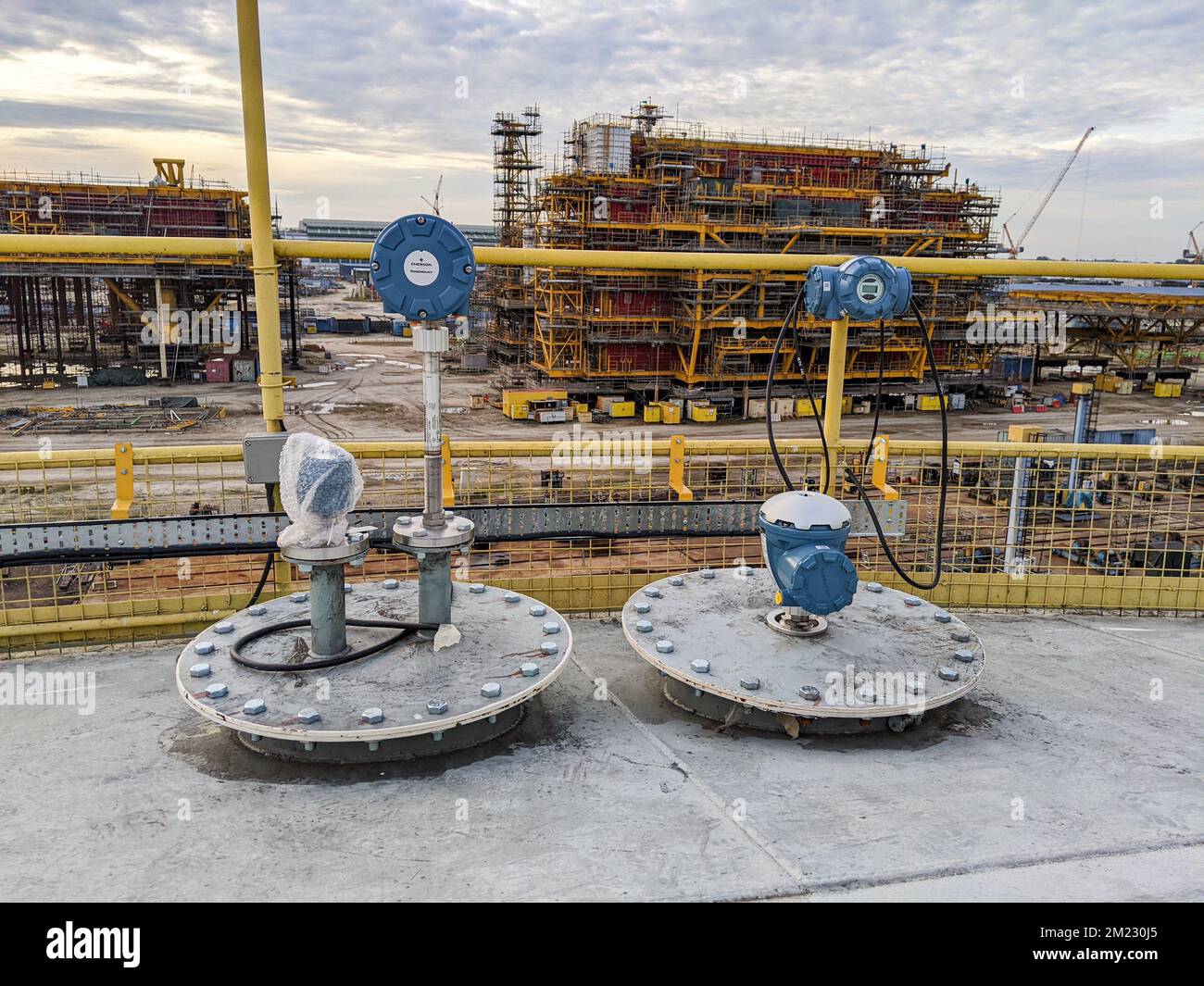 A closeup of an instrument for measuring radar level for tank gauging ...