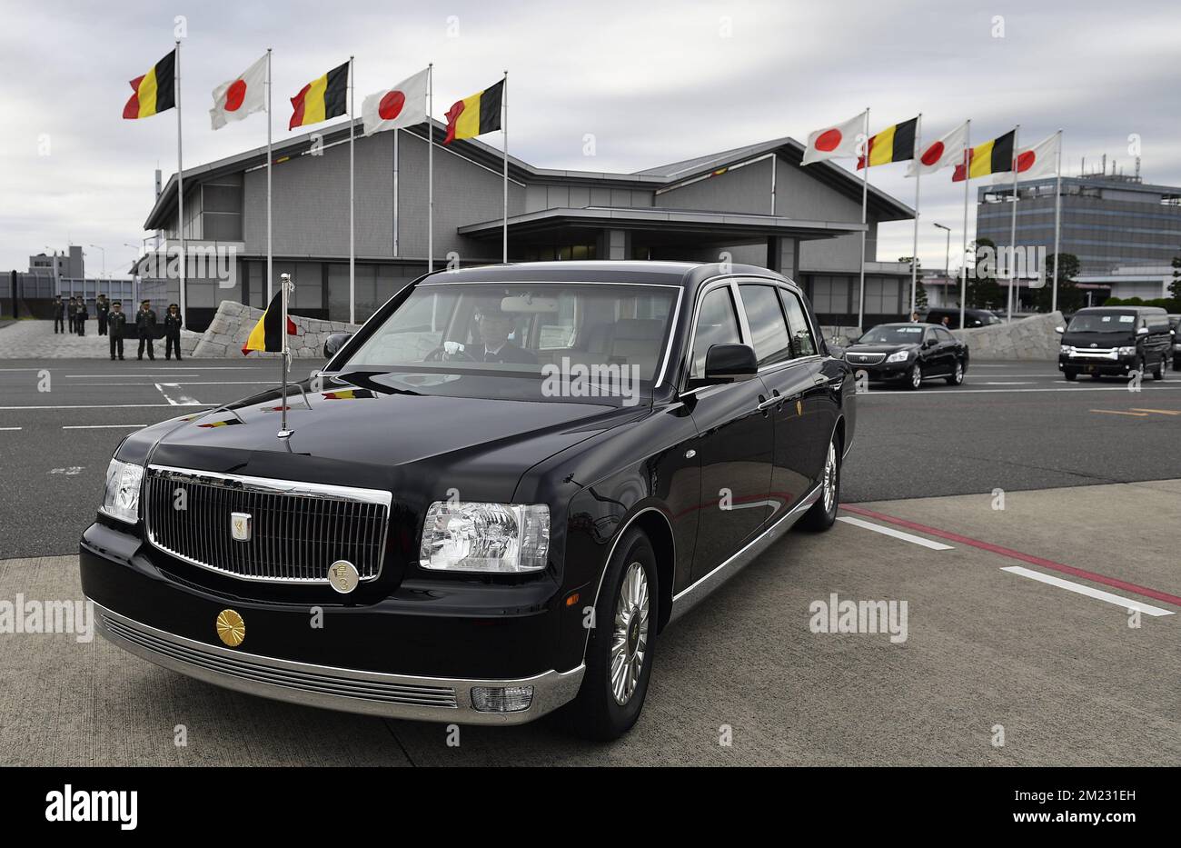 Illustration picture shows the limousine and Japanese and Belgian flags ...