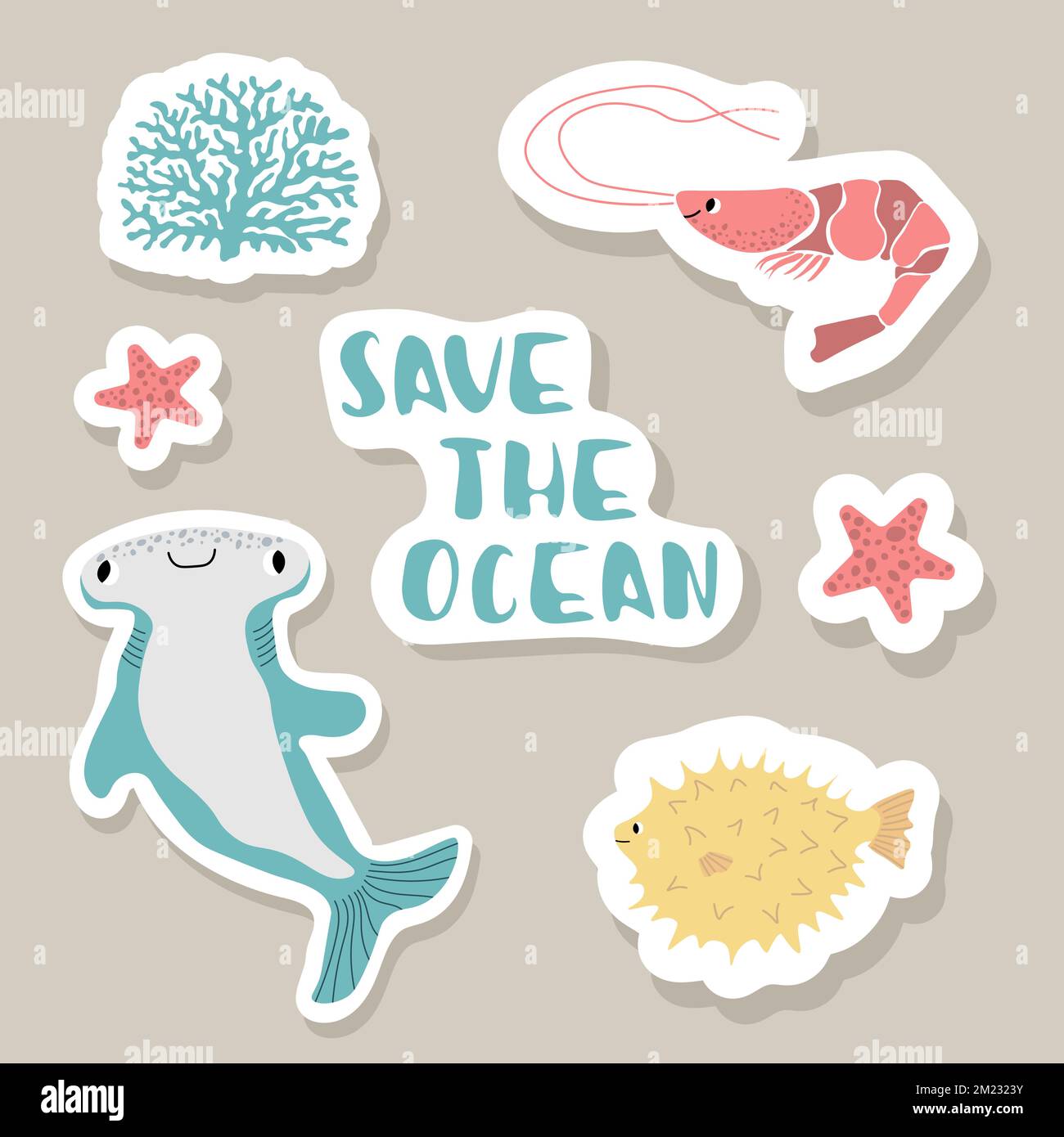 Cute vector stickers set with hammerhead fish,puffer fish,shrimp ...