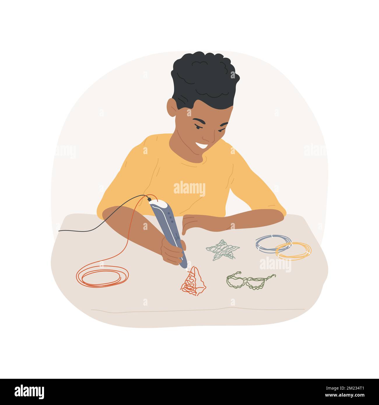 3D printing pen isolated cartoon vector illustration. Boy makes figures ...