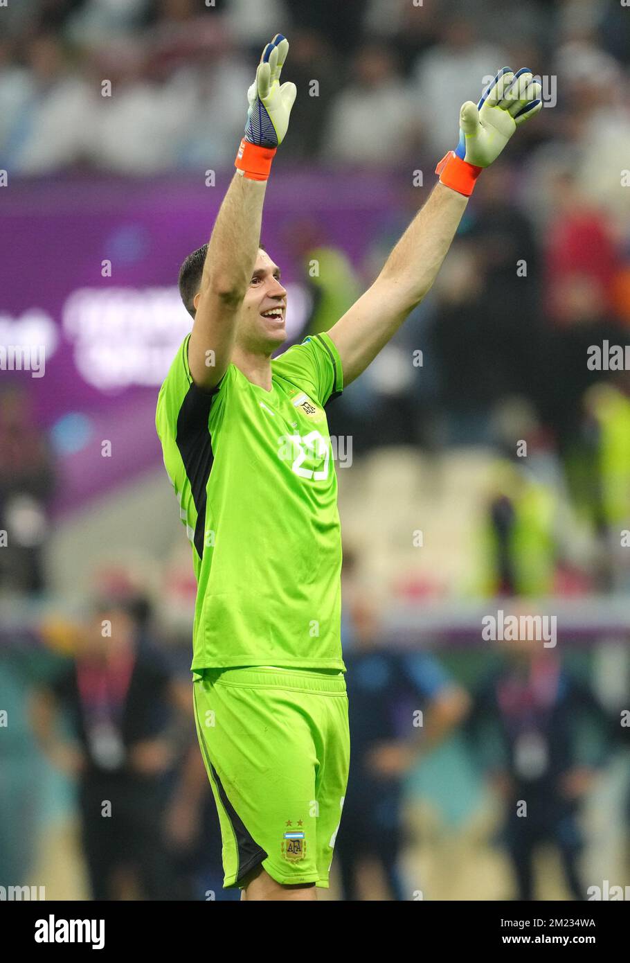 Argentina goalkeeper Emiliano Martinez celebrates after the FIFA World ...