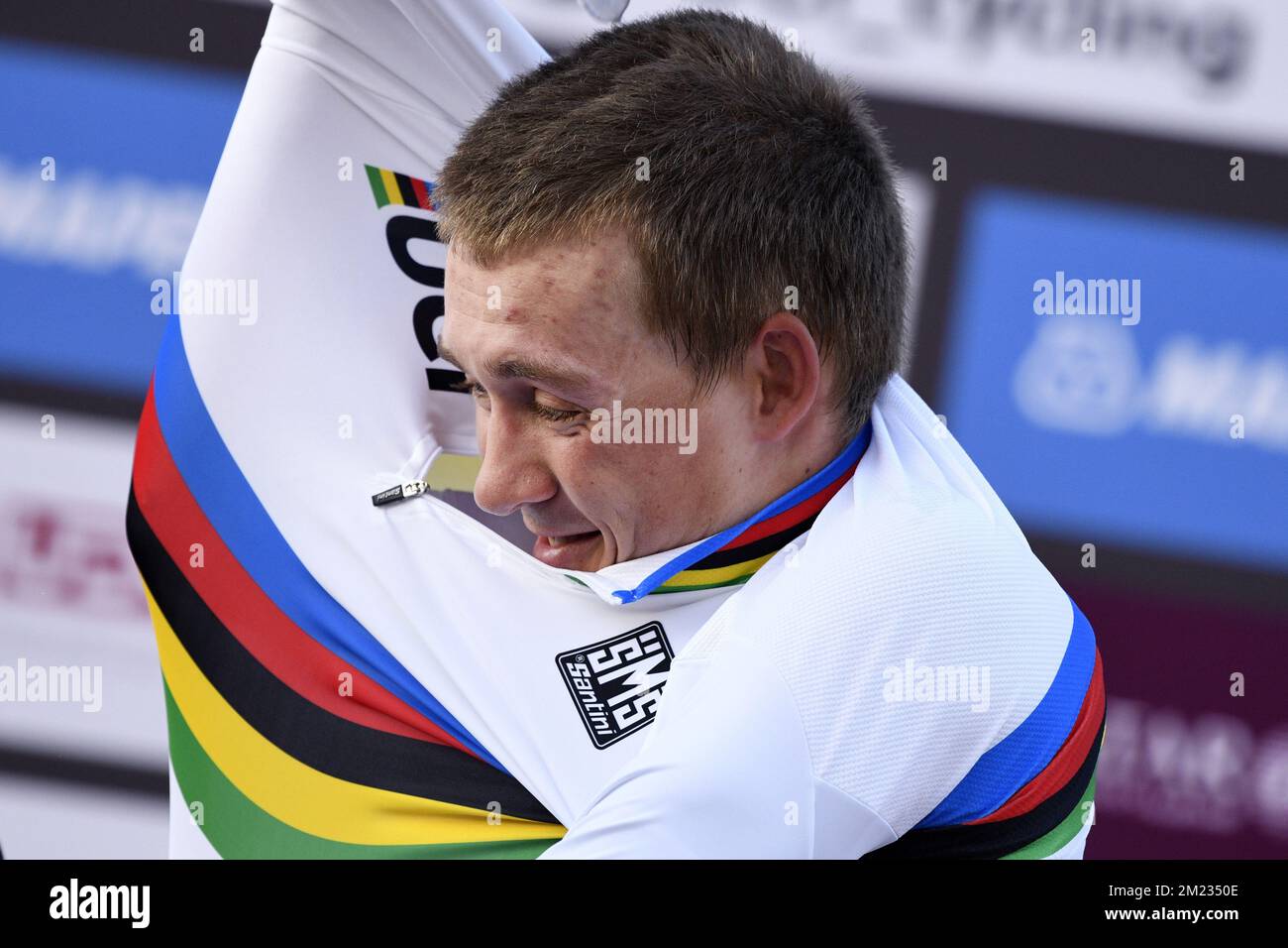 Norwegian Kristoffer Halvorsen pictured on the podium after winning the ...