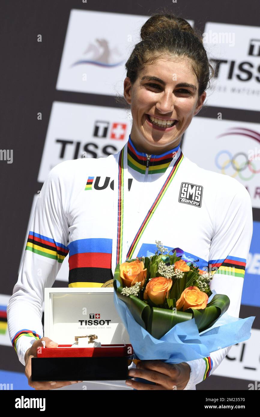 Italian Elisa Balsamo pictured on the podium after winning the women's ...