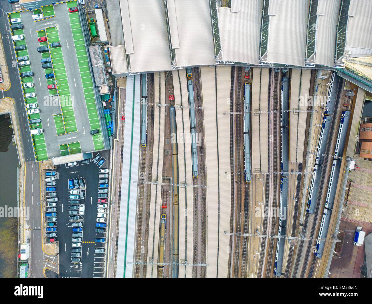 Leeds, UK. 13th December, 2022. Aerial view of Leeds Train Station with ...