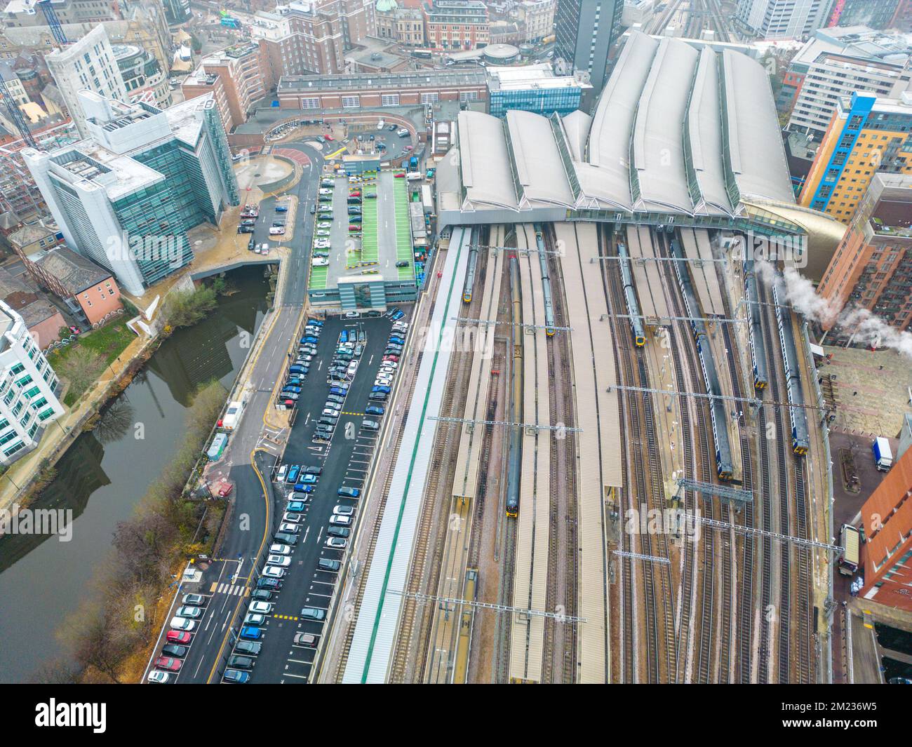 Leeds, UK. 13th December, 2022. Aerial view of Leeds Train Station with ...