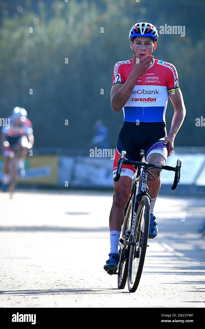 Dutch Mathieu Van Der Poel crosses the finish line at the second ...