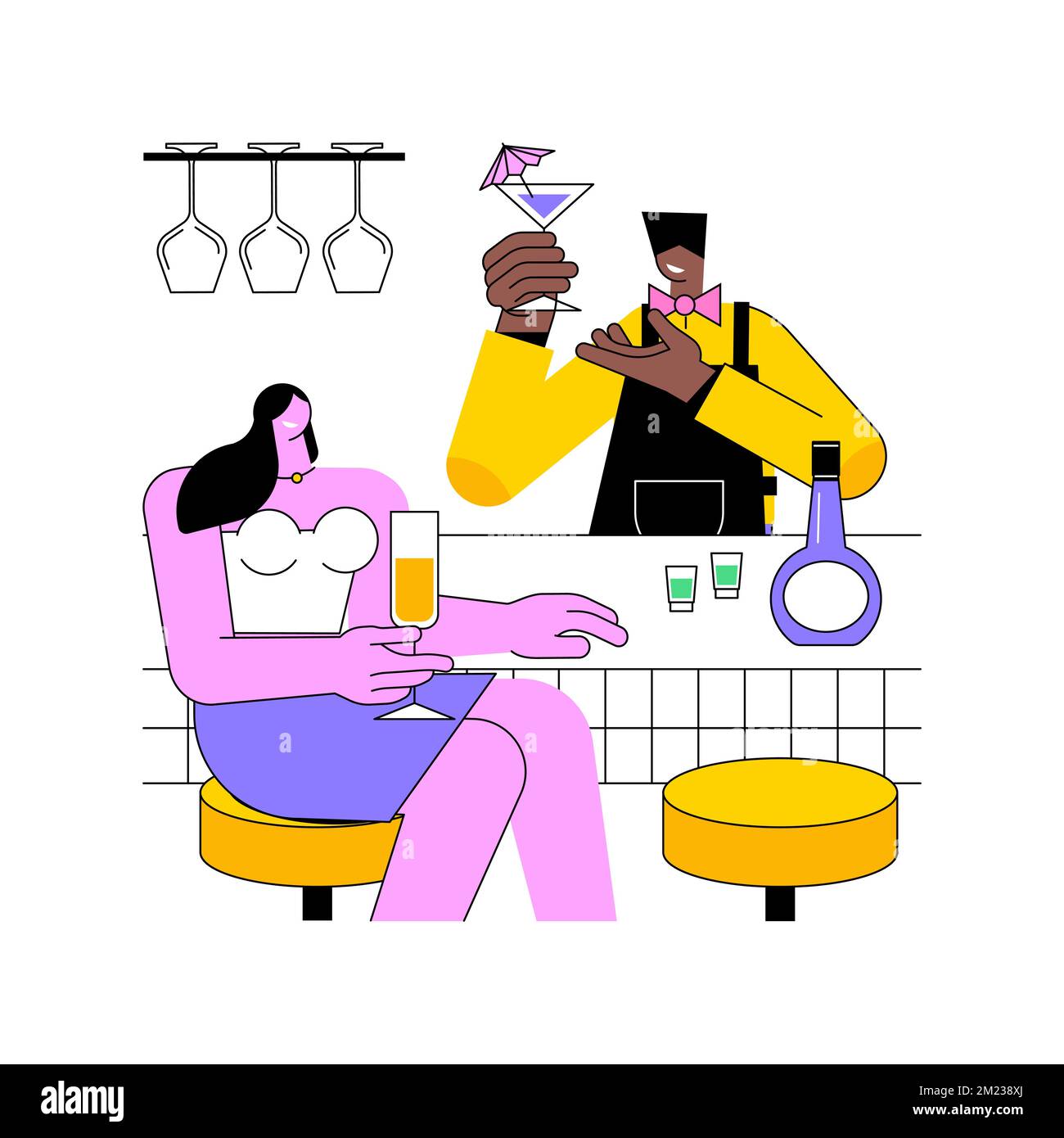 Chatting with bartender isolated cartoon vector illustrations. Girl talking with bartender ...