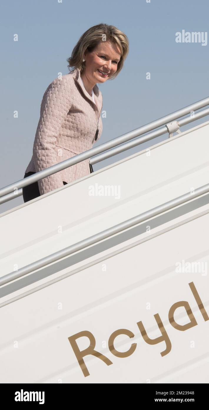 Queen Mathilde gets in the plane at the departure after a humanitarian ...