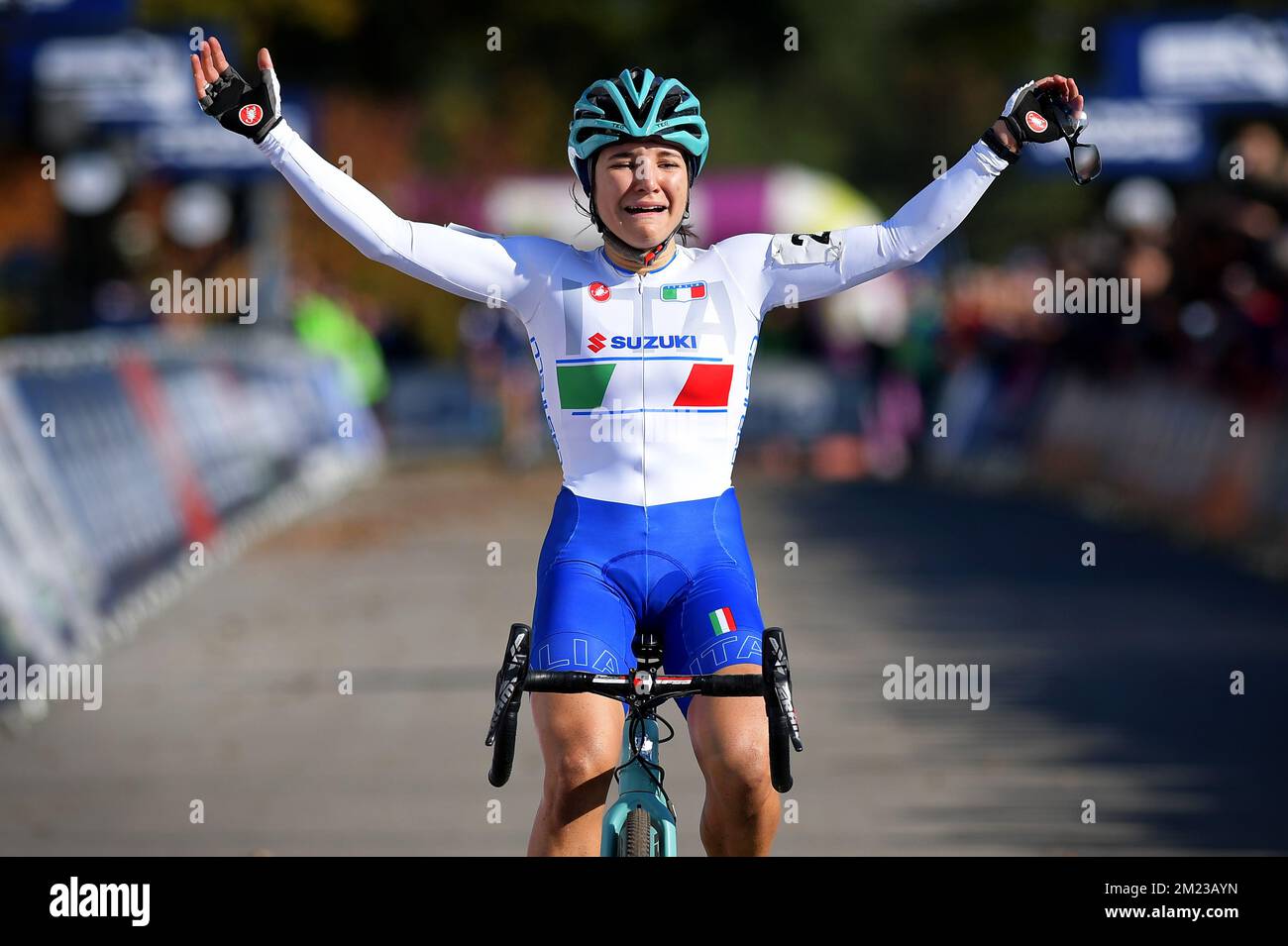 Italian Chiara Teocchi celebrates as she crosses the finish line at the ...