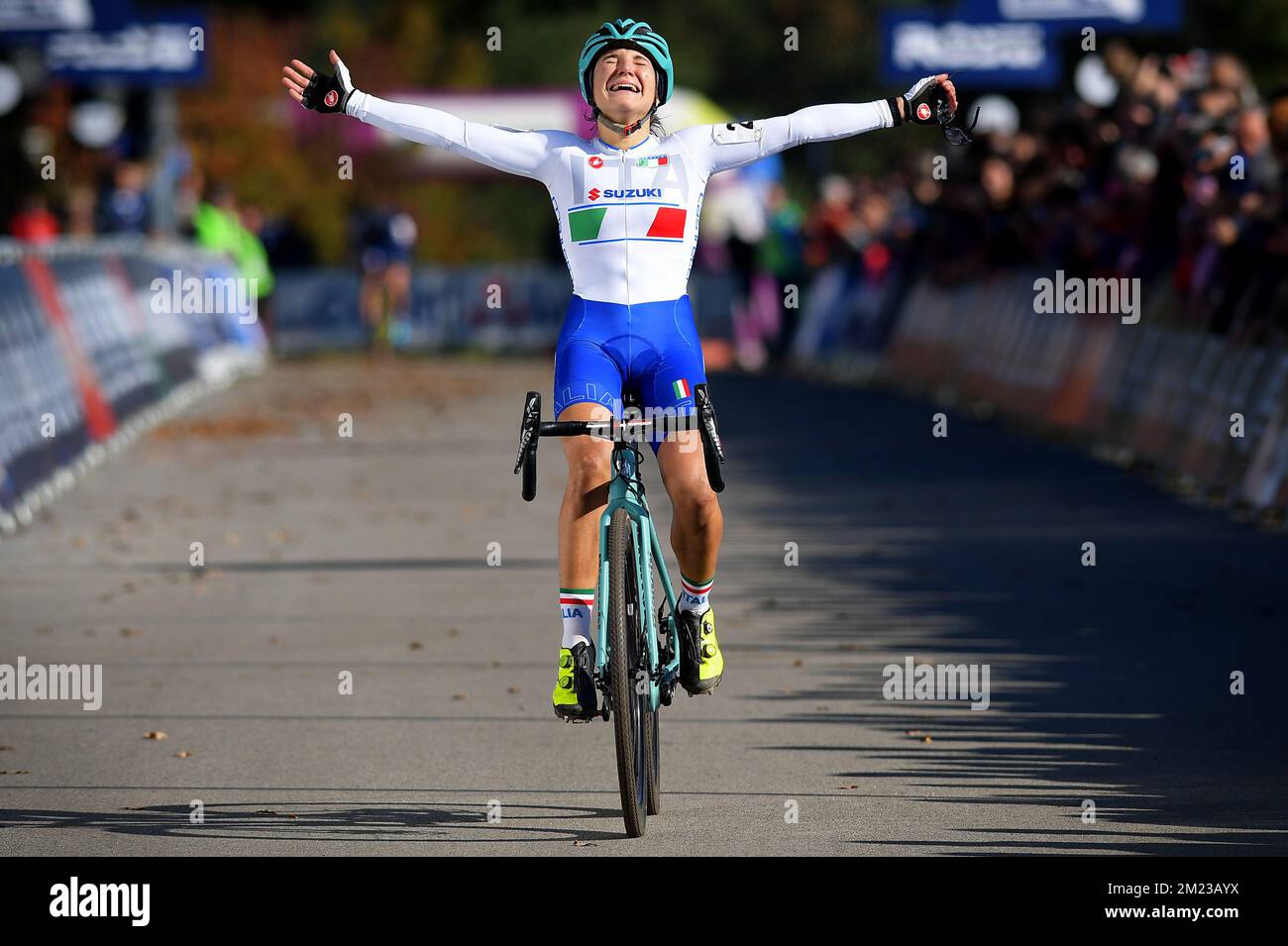 Italian Chiara Teocchi celebrates as she crosses the finish line at the ...