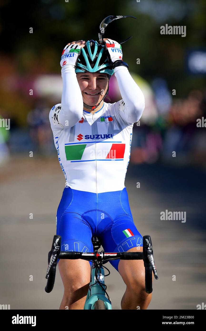 Italian Chiara Teocchi celebrates as she crosses the finish line at the ...