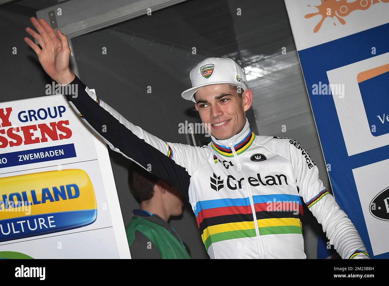 Belgian world champion Wout Van Aert celebrates on the podium after the ...