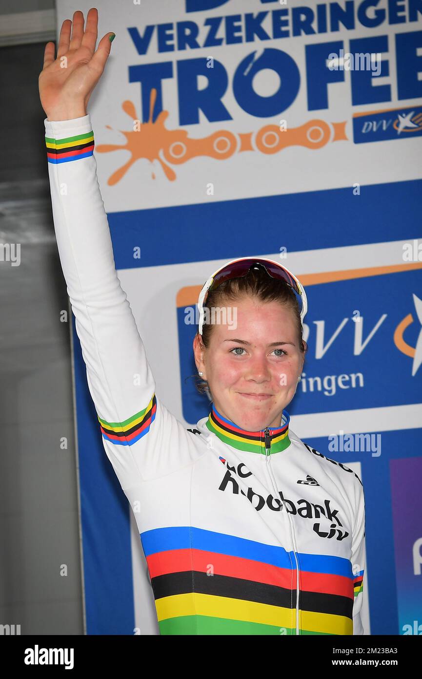 Dutch Thalita De Jong celebrates on the podium after the women's race ...