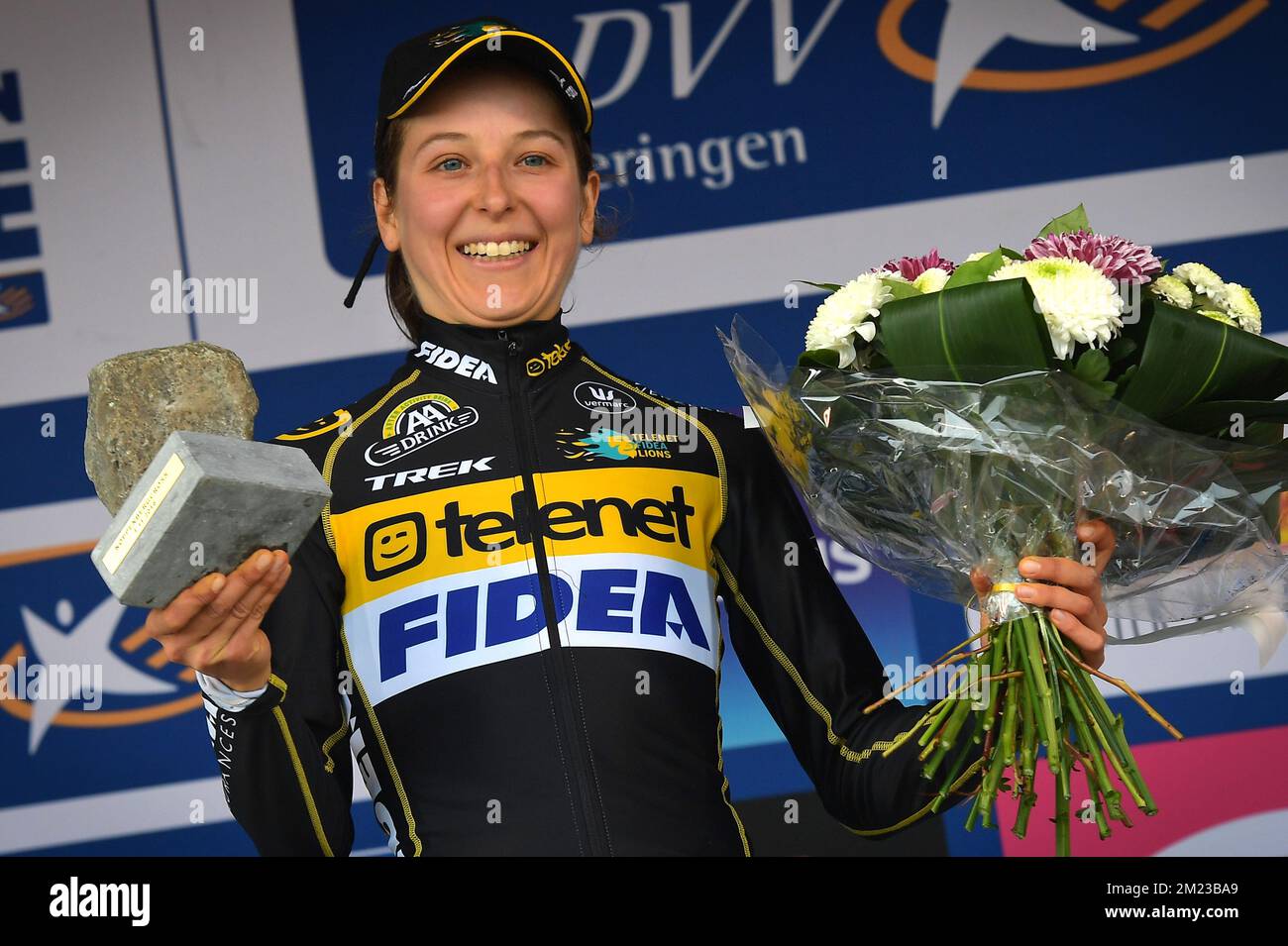 Belgian Jolien Verschueren celebrates on the podium after the women's ...