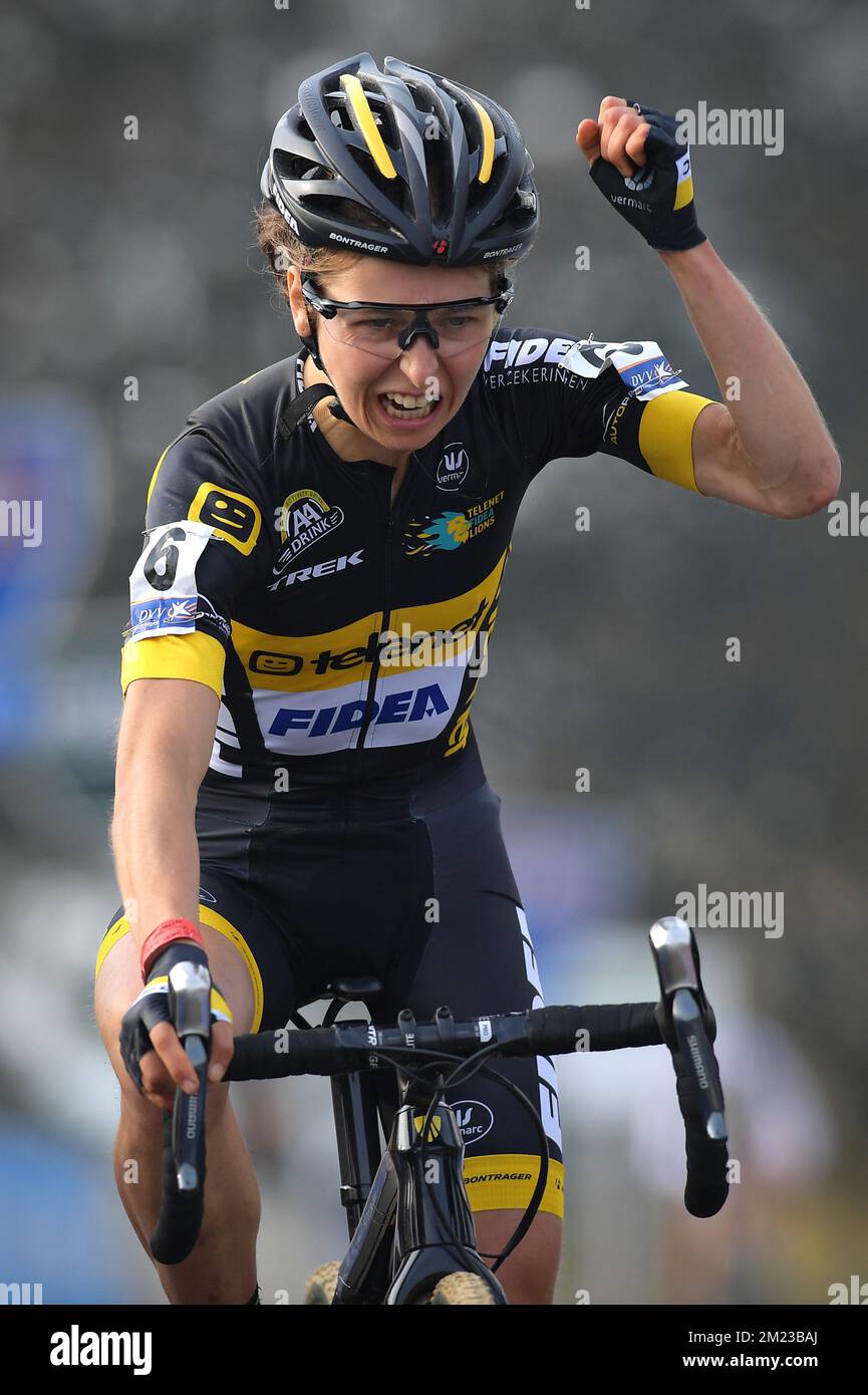 Belgian Jolien Verschueren celebrates as she crosses the finish line at ...