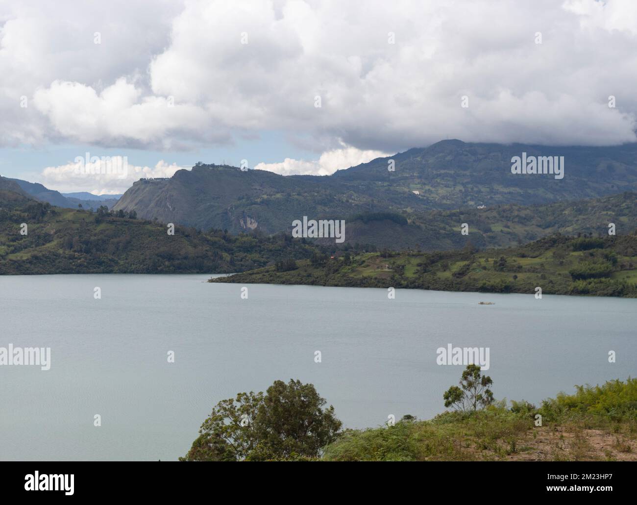 Beautiful colombian blue and reservoir landscape with andean mountain ...