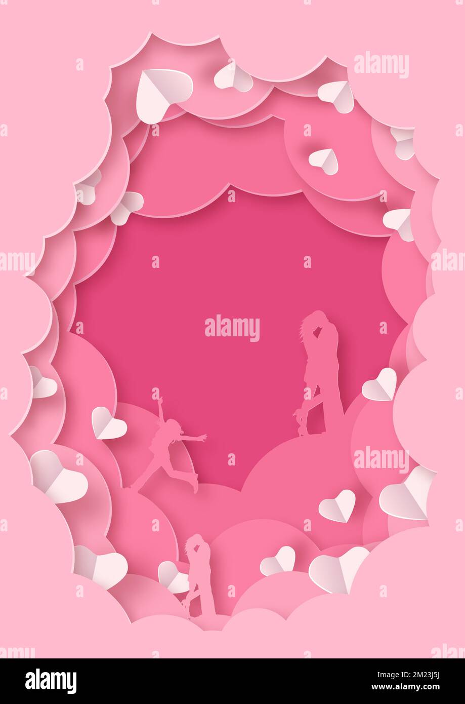 Banner with pink sky and paper cut clouds. Place for text. Happy ...
