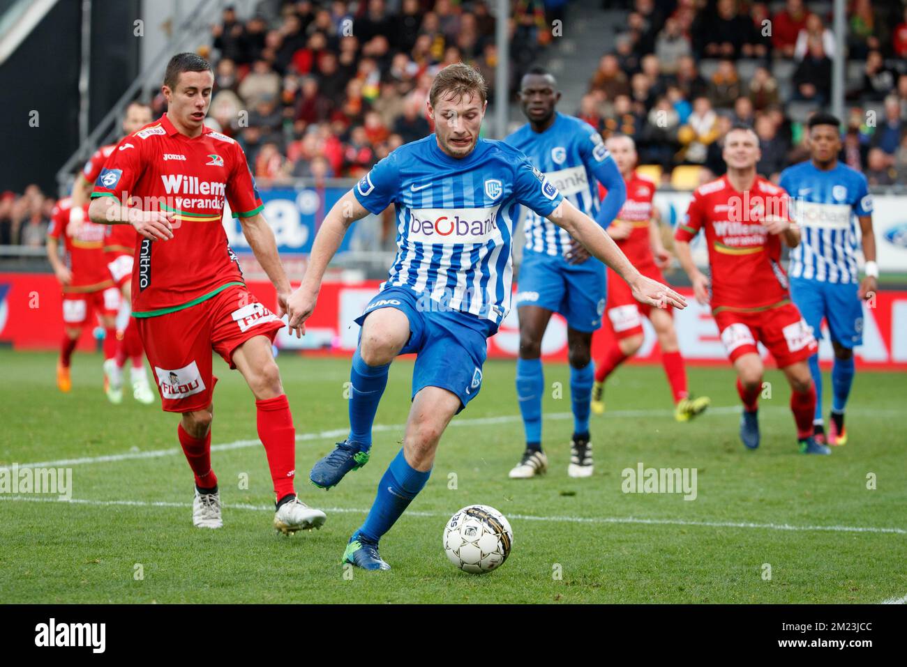Oostende's Adam Marusic and Genk's Jakub Brabec fight for the ball ...