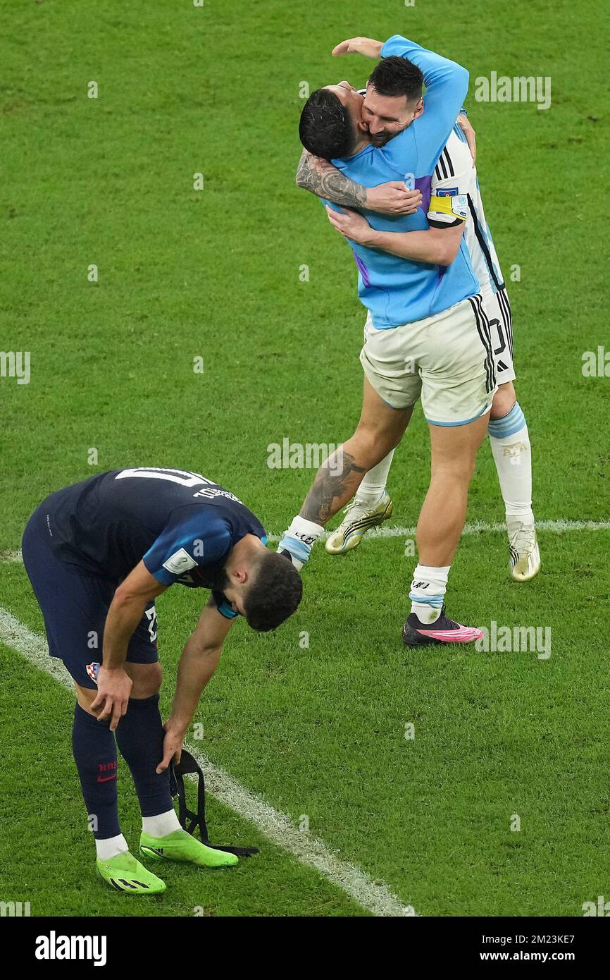Lusail, Qatar. 13th Dec, 2022. Lionel Messi (R) of Argentina celebrates ...