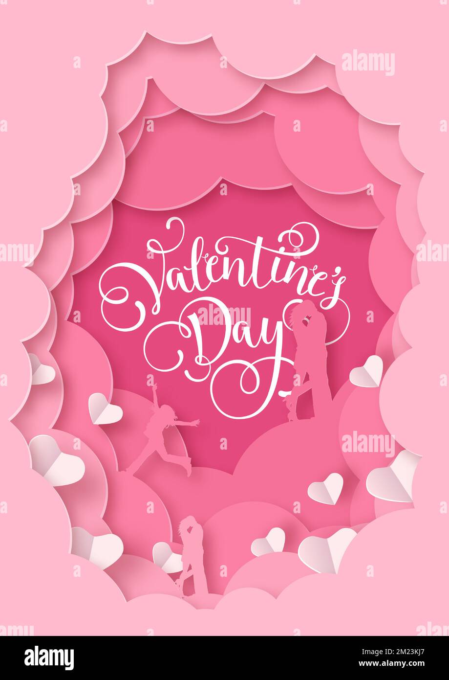 Banner with pink sky and paper cut clouds. Place for text. Happy ...