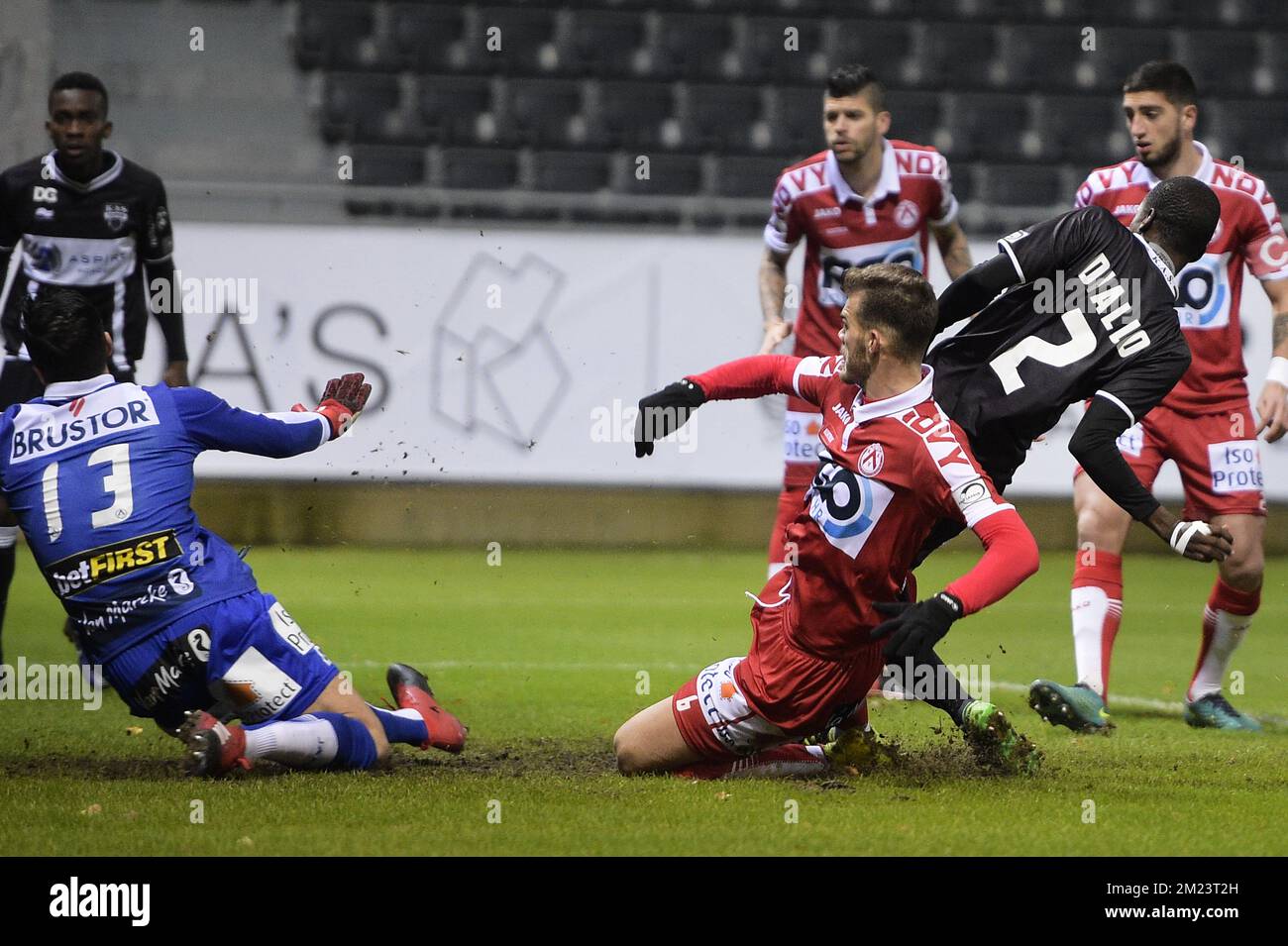 Eupen's Ibrahim Diallo scoring the 1-0 goal during a soccer game ...