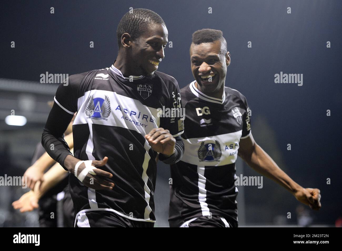 Eupen's Ibrahim Diallo celebrates after scoring during a soccer game ...