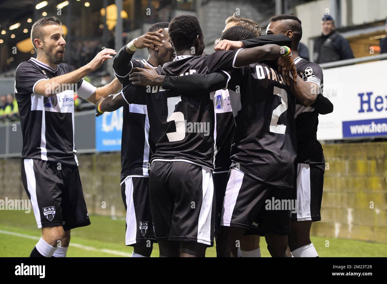 Eupen's Ibrahim Diallo celebrates after scoring during a soccer game ...