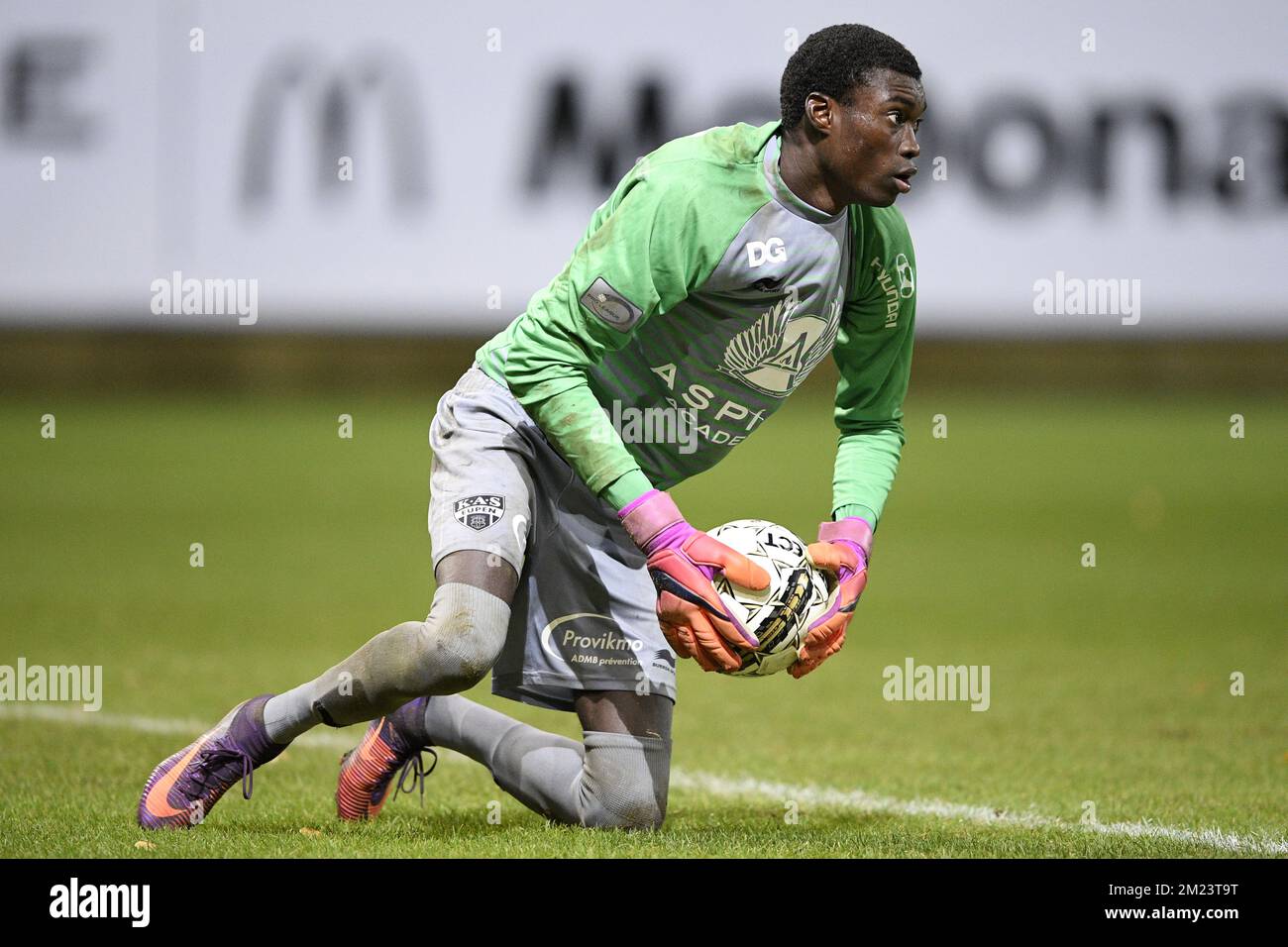 Eupen's goalkeeper Babacar Niasse pictured during a soccer game between ...