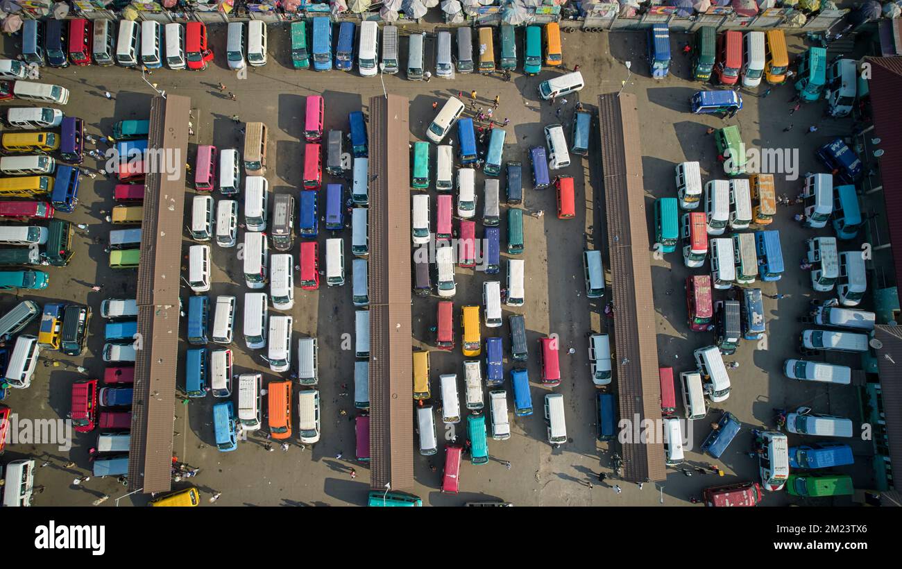 An aerial shot of colorful buses at lorry station in Accra Stock Photo ...