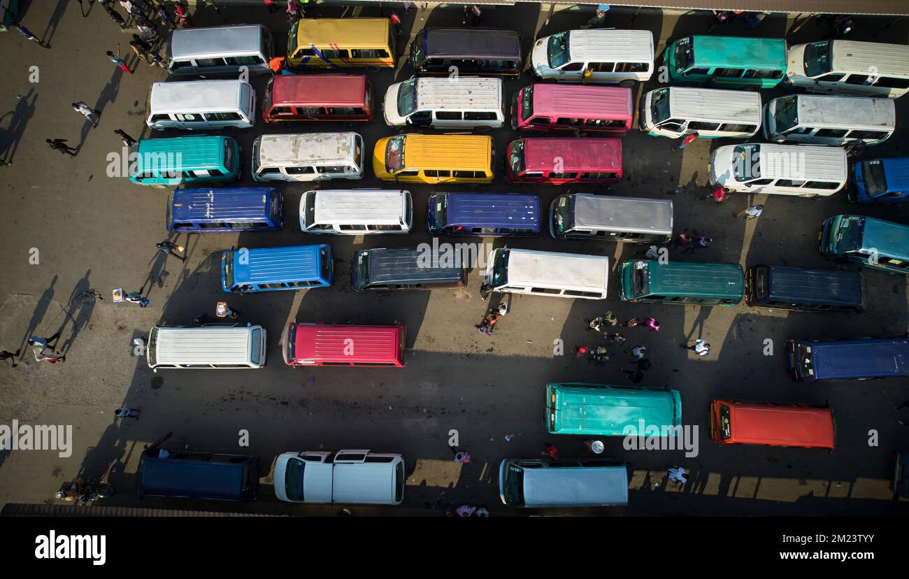 An aerial shot of colorful buses at lorry station in Accra Stock Photo ...