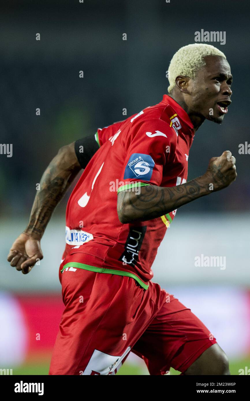 Oostende's Gohi Bi Zoro Cyriac celebrates after scoring during a soccer ...