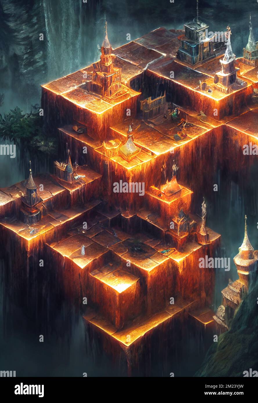 A vertical illustration of fantasy temples on illuminated platforms ...