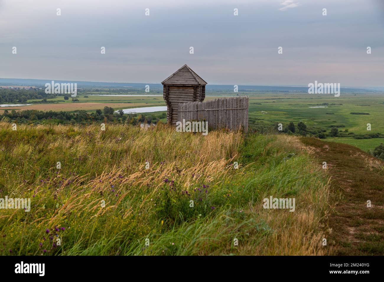 Ancient wooden fortress on a background of river spaces. Russia ...
