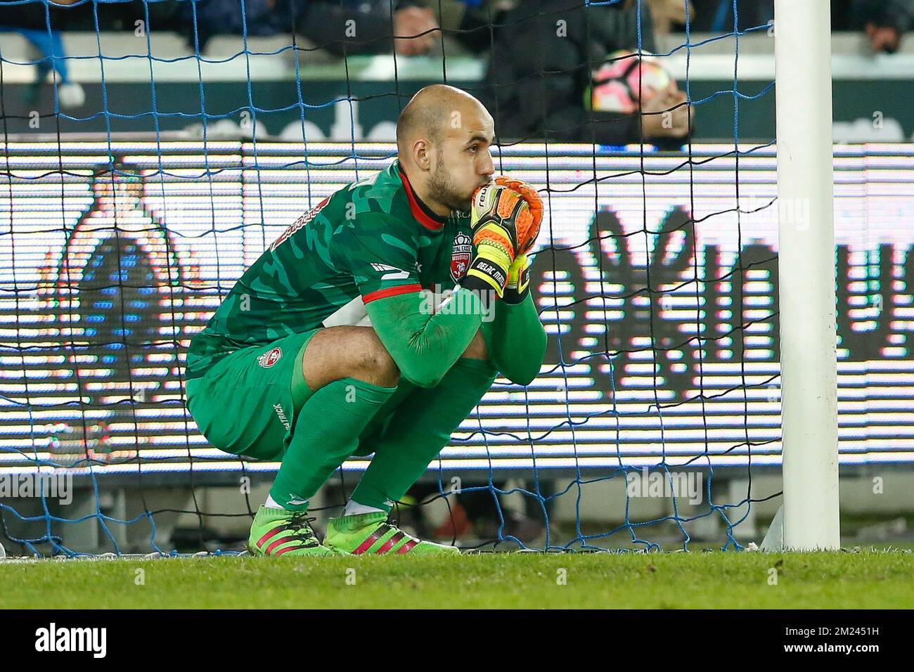 Mouscron's goalkeeper Matej Delac looks dejected during the Jupiler Pro ...