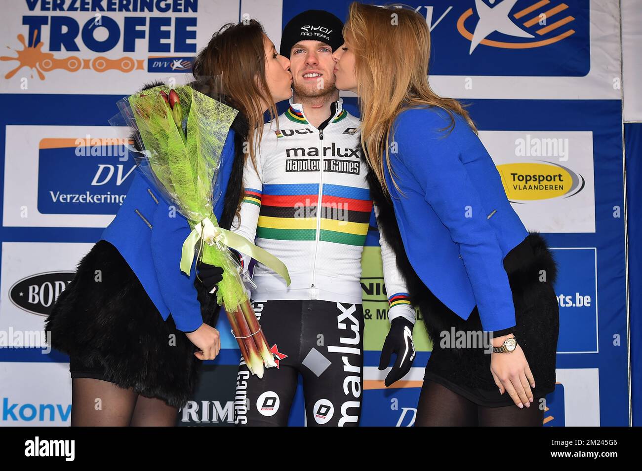 Belgian Eli Iserbyt celebrates on the podium after the U 23 race in the ...