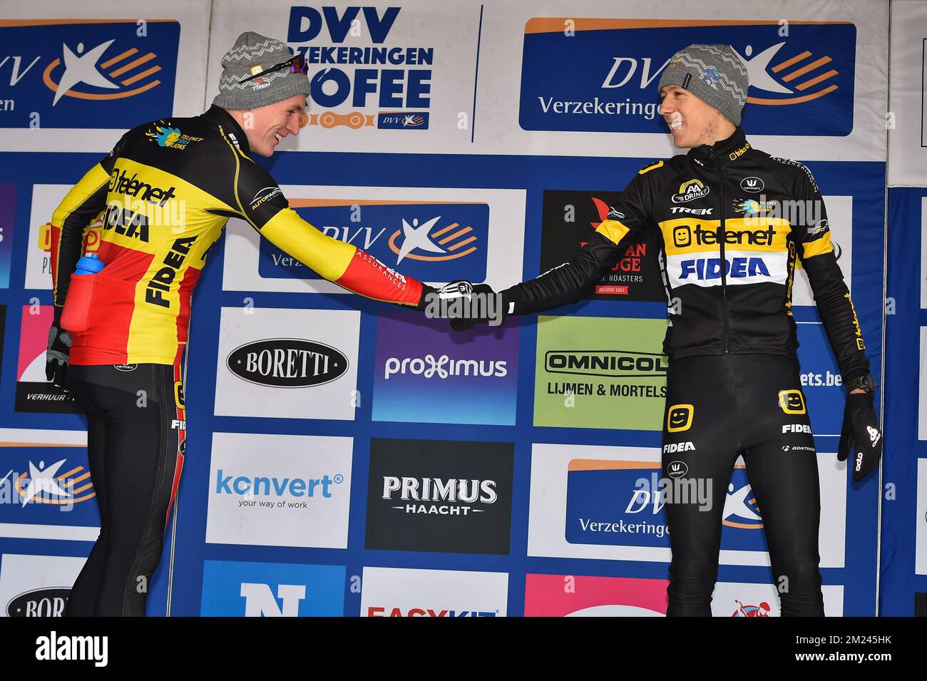 Belgian Thijs Aerts and Belgian Nicolas Cleppe celebrate on the podium ...