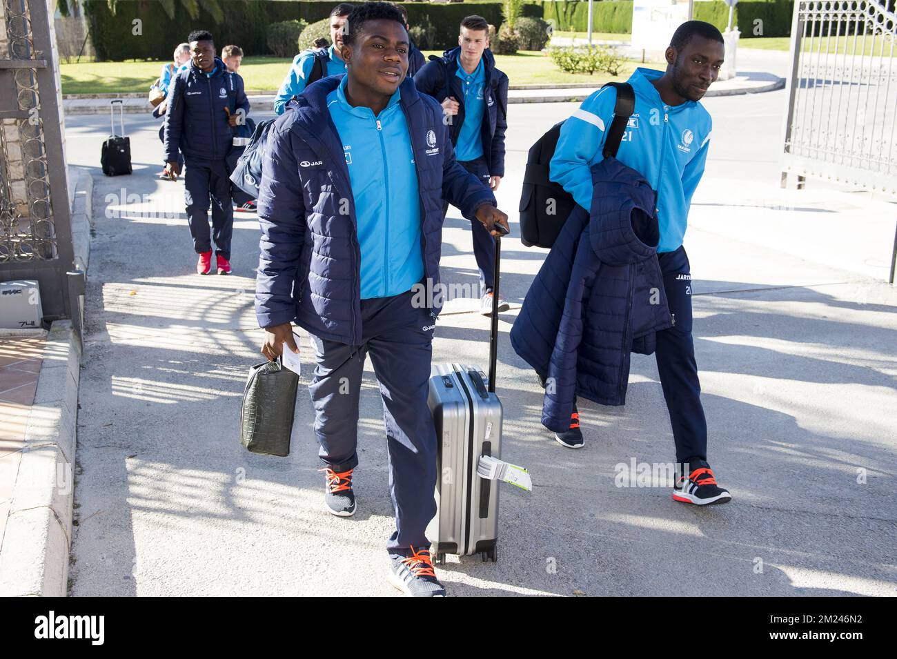Gent's Moses Simon and Gent's Nana Asare pictured arriving at the hotel ...